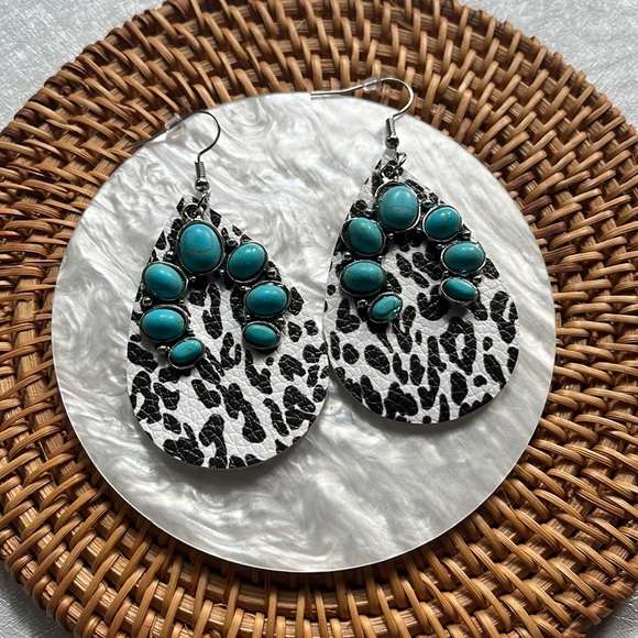 Jewelry | Turquoise Cow Print Teardrop Earrings | Poshmark